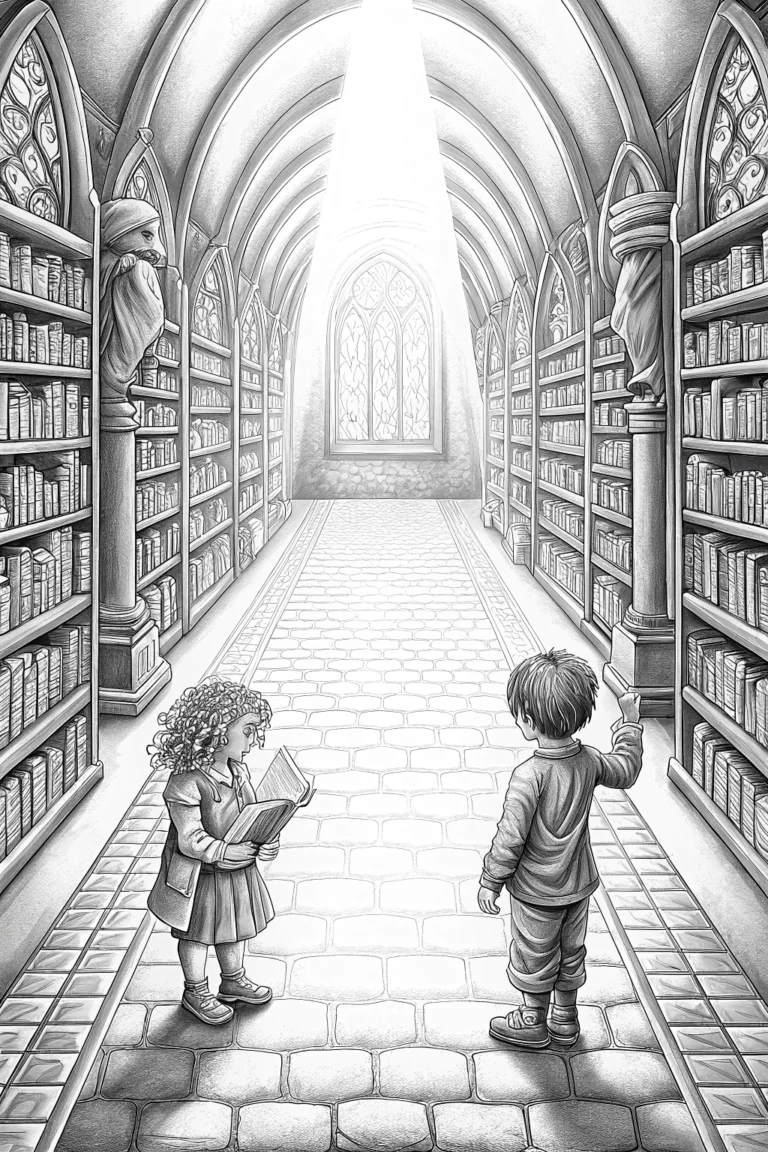 Children exploring a magical library Coloring Page - Free & Printable