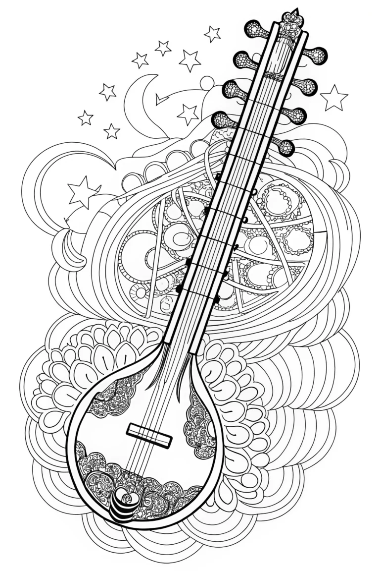 Sitar in a celestial music scene Coloring Page - Free & Printable