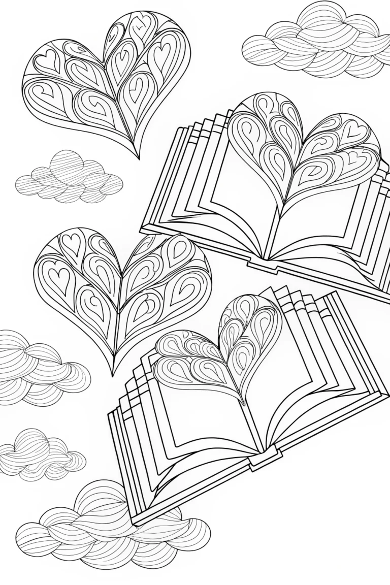Flying heart-shaped books Coloring Page - Free & Printable