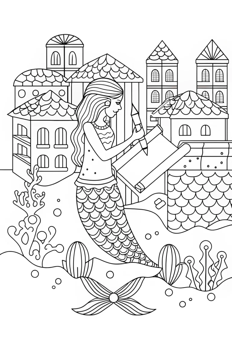 Mermaid architect designing cities Coloring Page - Free & Printable