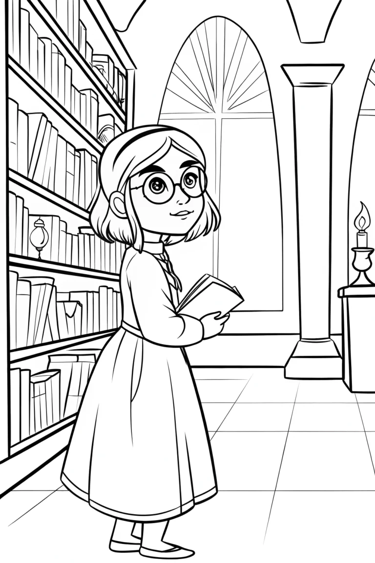 Mirabel exploring a magical library Coloring Page - Free & Printable