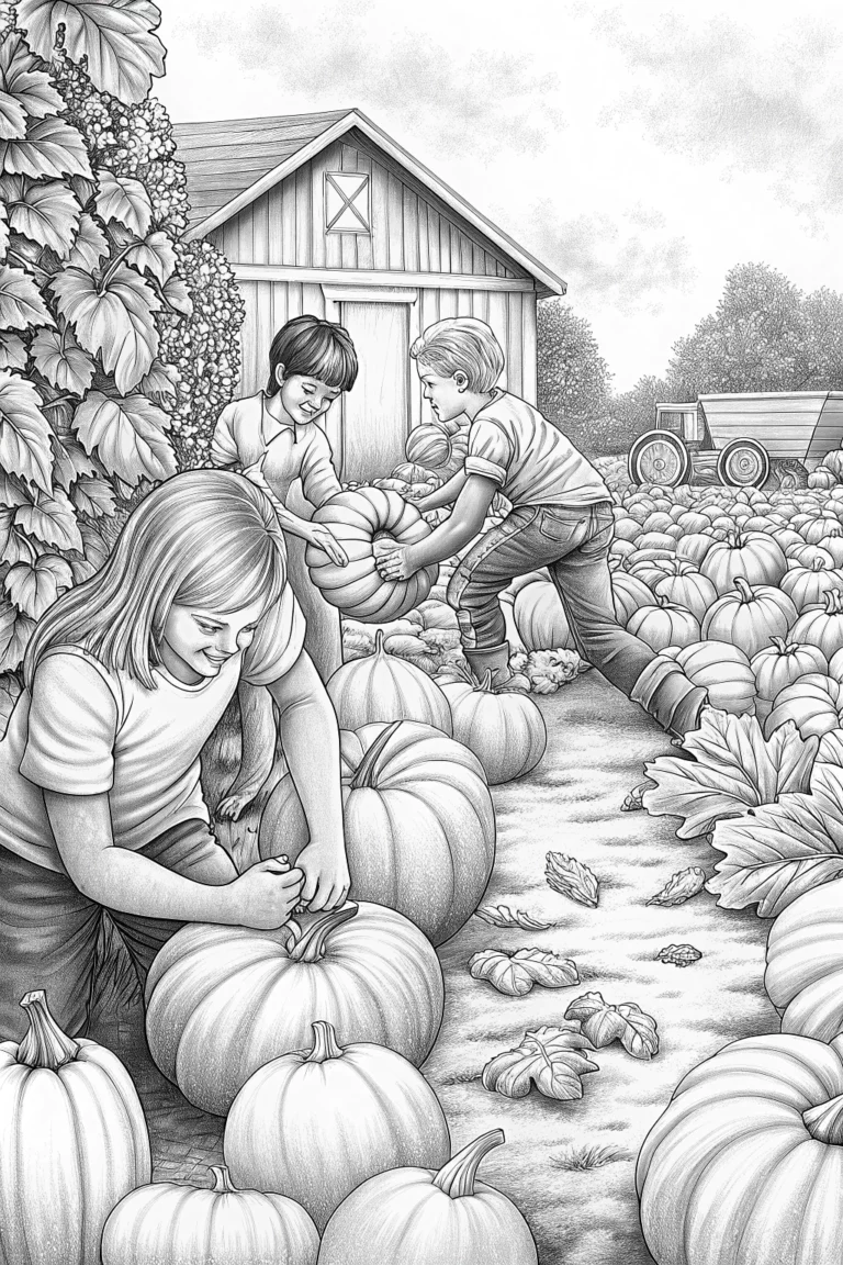 Harvesting pumpkins with friends Coloring Page - Free & Printable