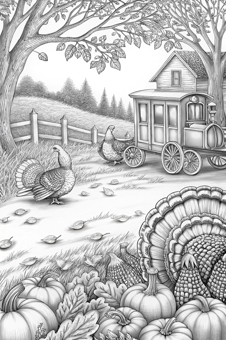 Thanksgiving time machine scene Coloring Page - Free & Printable