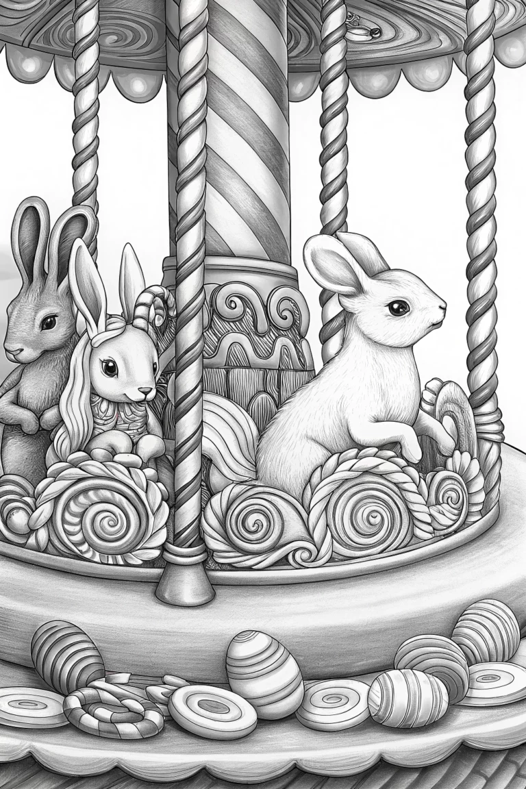 Bunnies on a candy carousel Coloring Page - Free & Printable