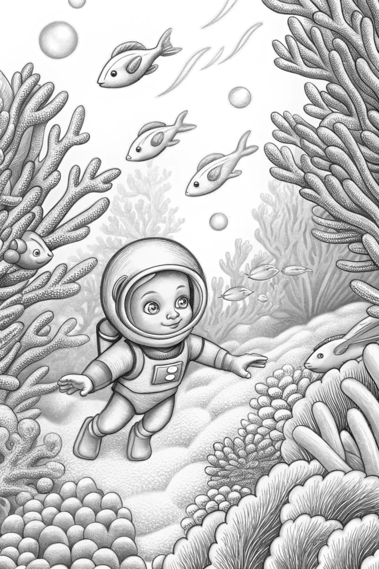 Baby underwater explorer with fish Coloring Page - Free & Printable