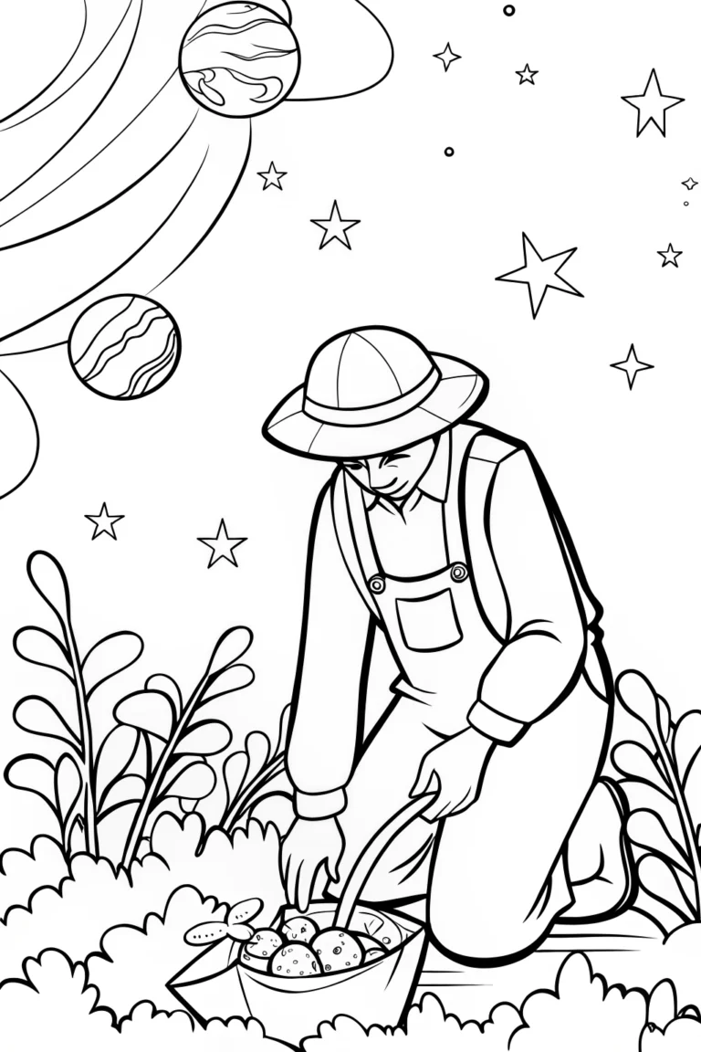 Celestial gardener in a cosmic garden Coloring Page - Free & Printable