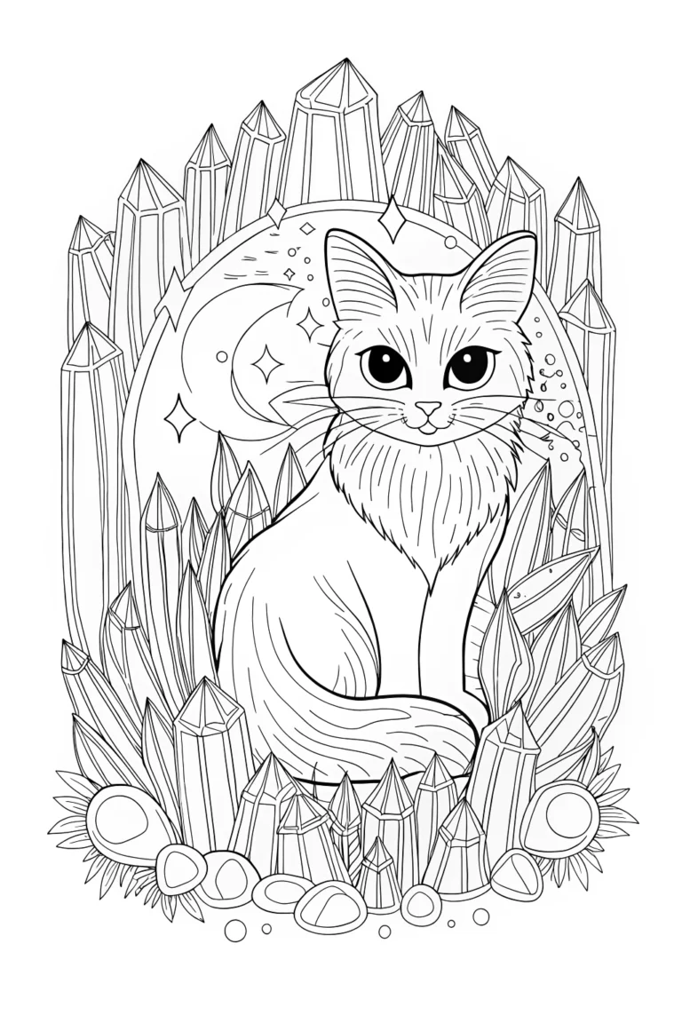 Crystal the cat in a crystal cave Coloring Page - Free & Printable