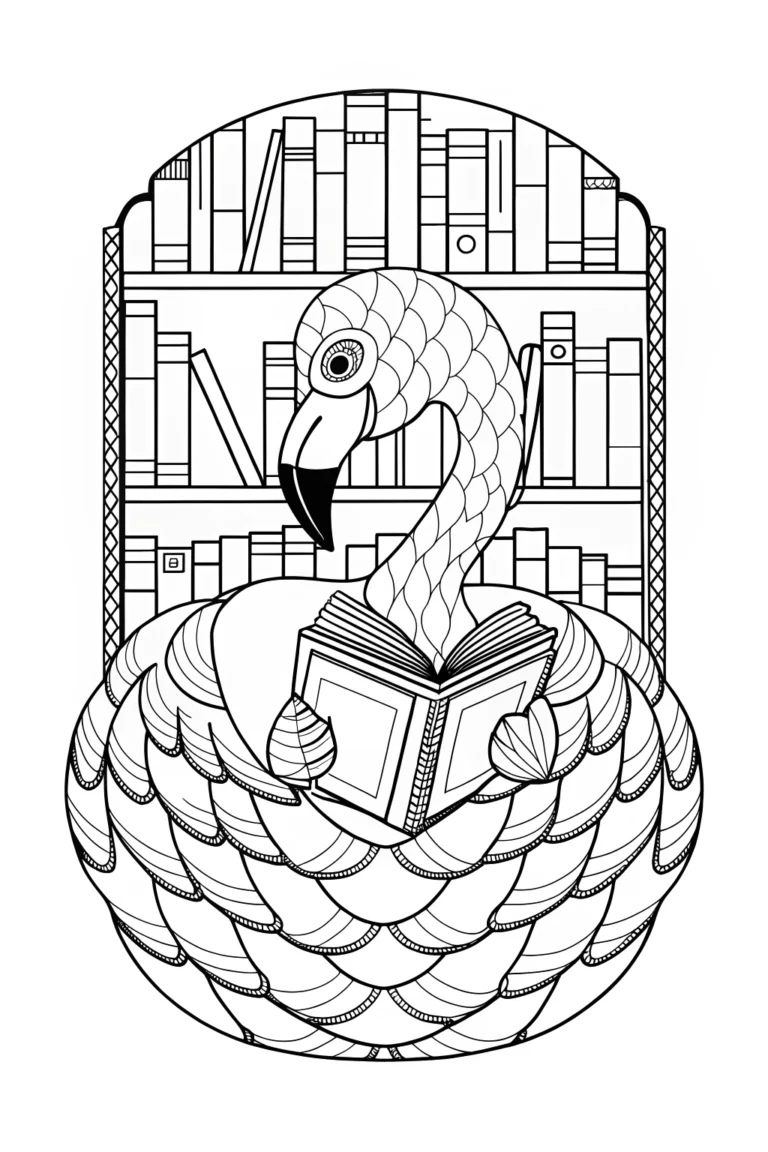 Flamingo librarian reading a book Coloring Page - Free & Printable