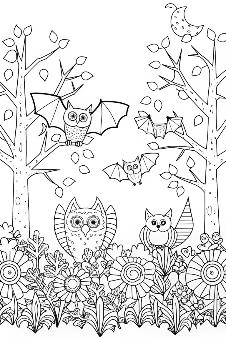 Nocturnal animals in a garden Coloring Page - Free & Printable
