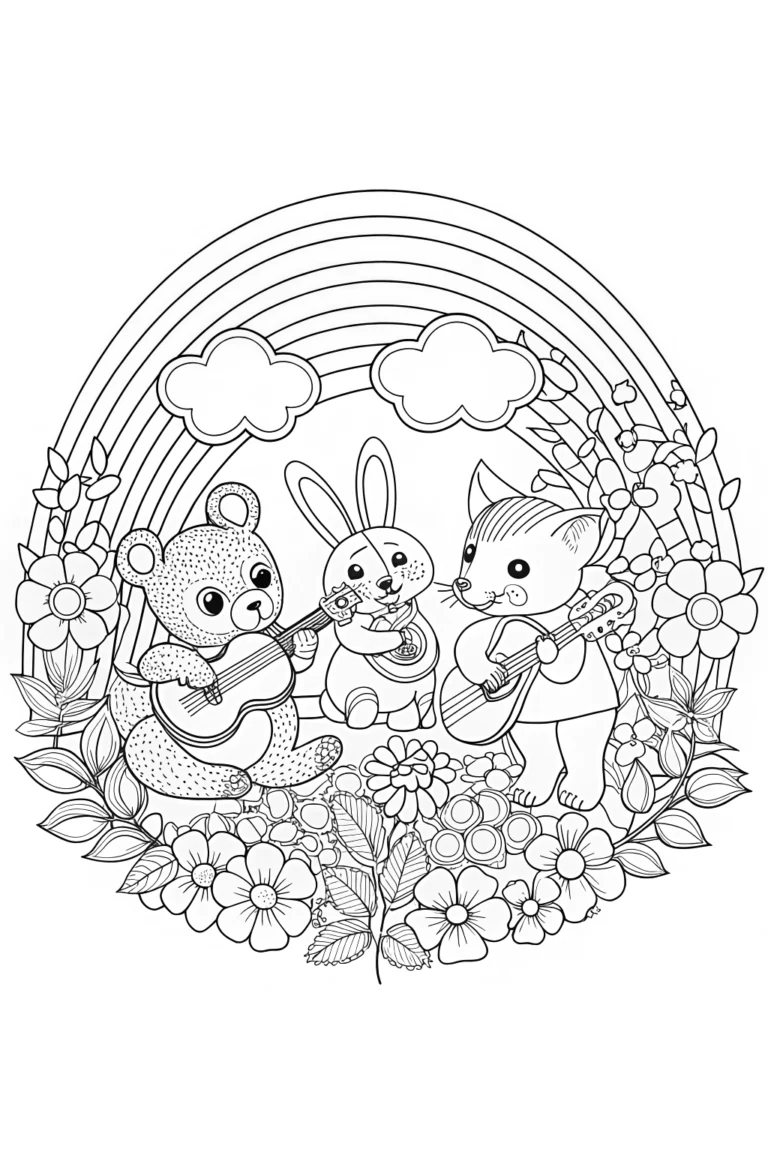 Animals playing music under a rainbow Coloring Page - Free & Printable