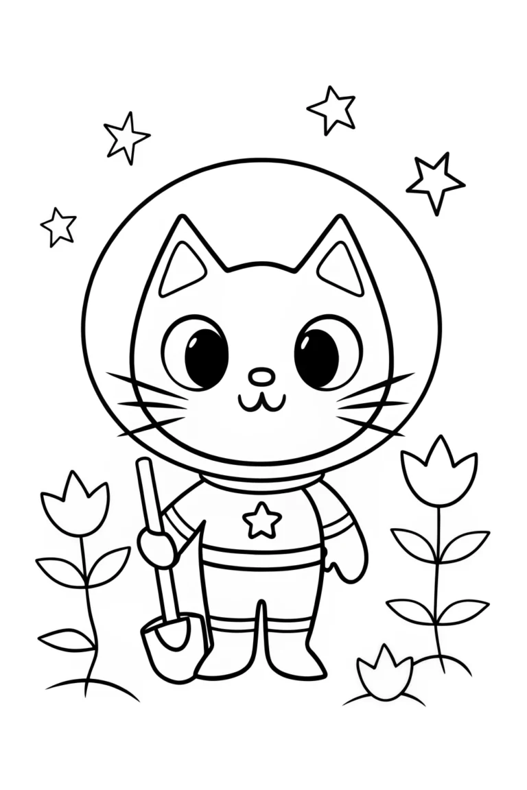 Whiskers the Cat gardening in space Coloring Page - Free & Printable