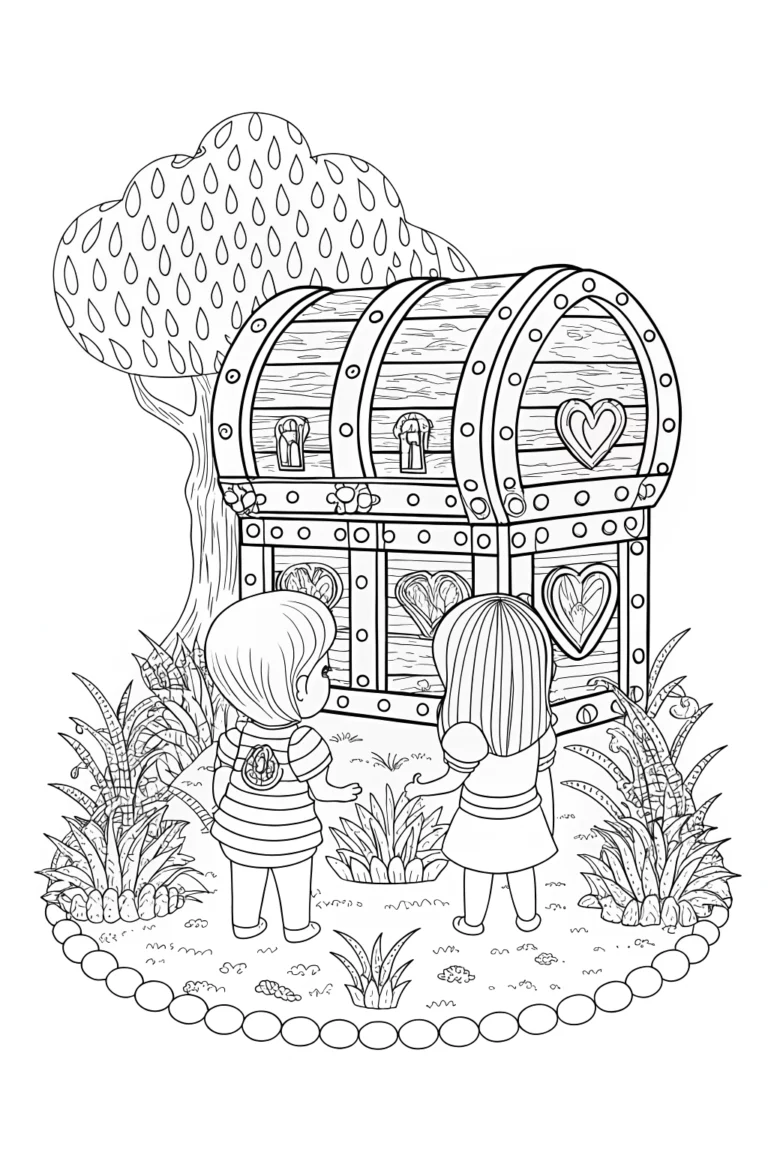 Children discovering a heart time capsule Coloring Page - Free & Printable