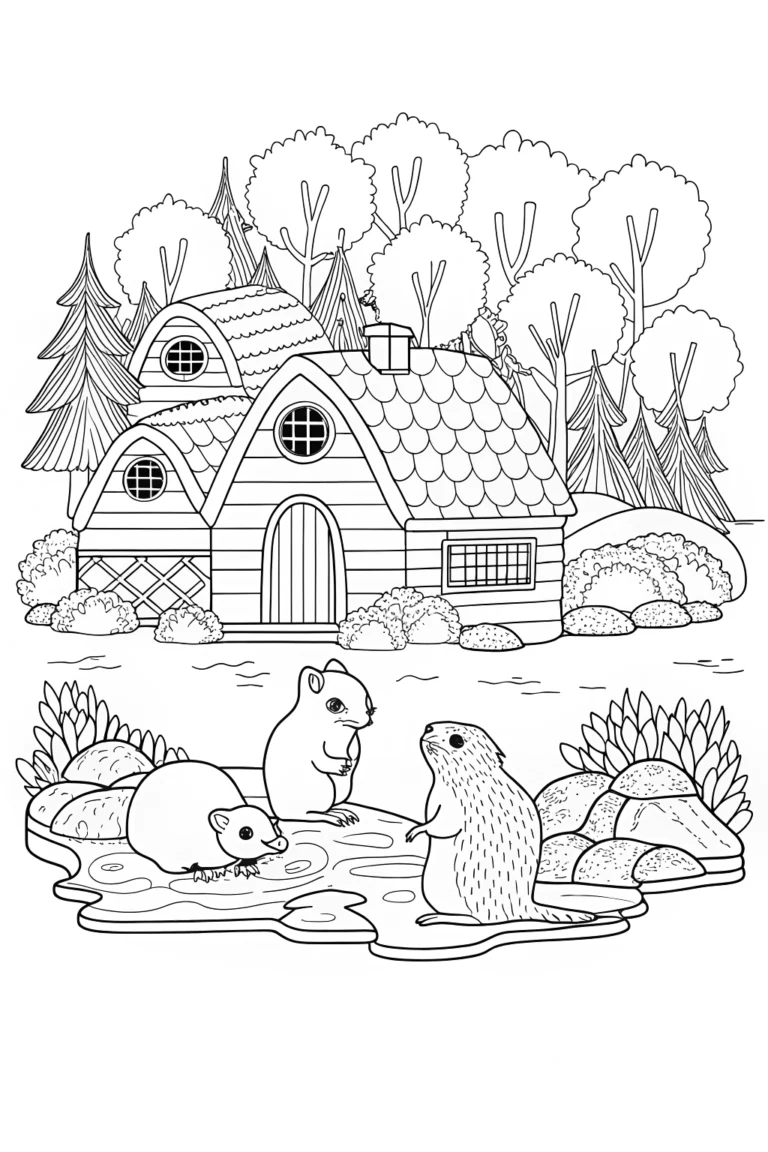 Animal architects building a village Coloring Page - Free & Printable