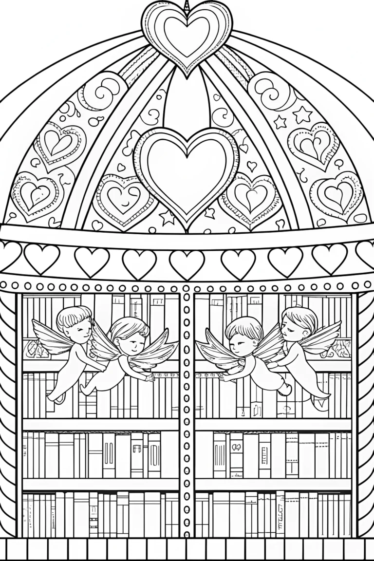 Cupids flying in a heart library Coloring Page - Free & Printable