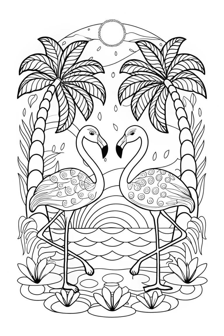 Flamingos in a magical oasis Coloring Page - Free & Printable