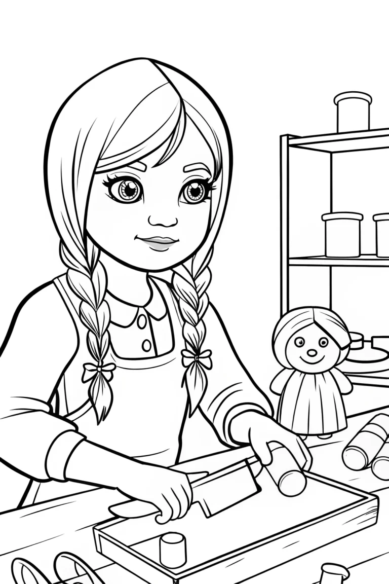 Wednesday Addams in a puppet workshop Coloring Page - Free & Printable