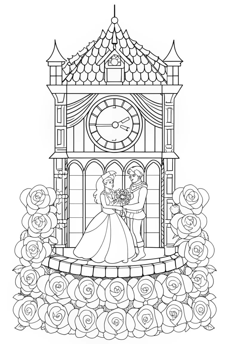 Belle and Beast in the clock tower Coloring Page - Free & Printable