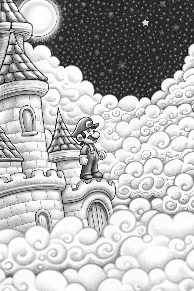 Mario floating in a cloud castle Coloring Page - Free & Printable