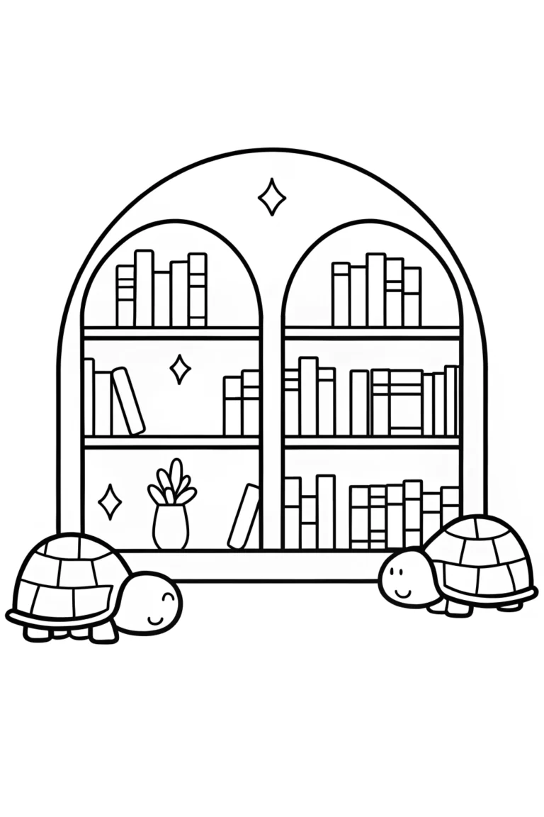 Turtles in a magical library Coloring Page - Free & Printable
