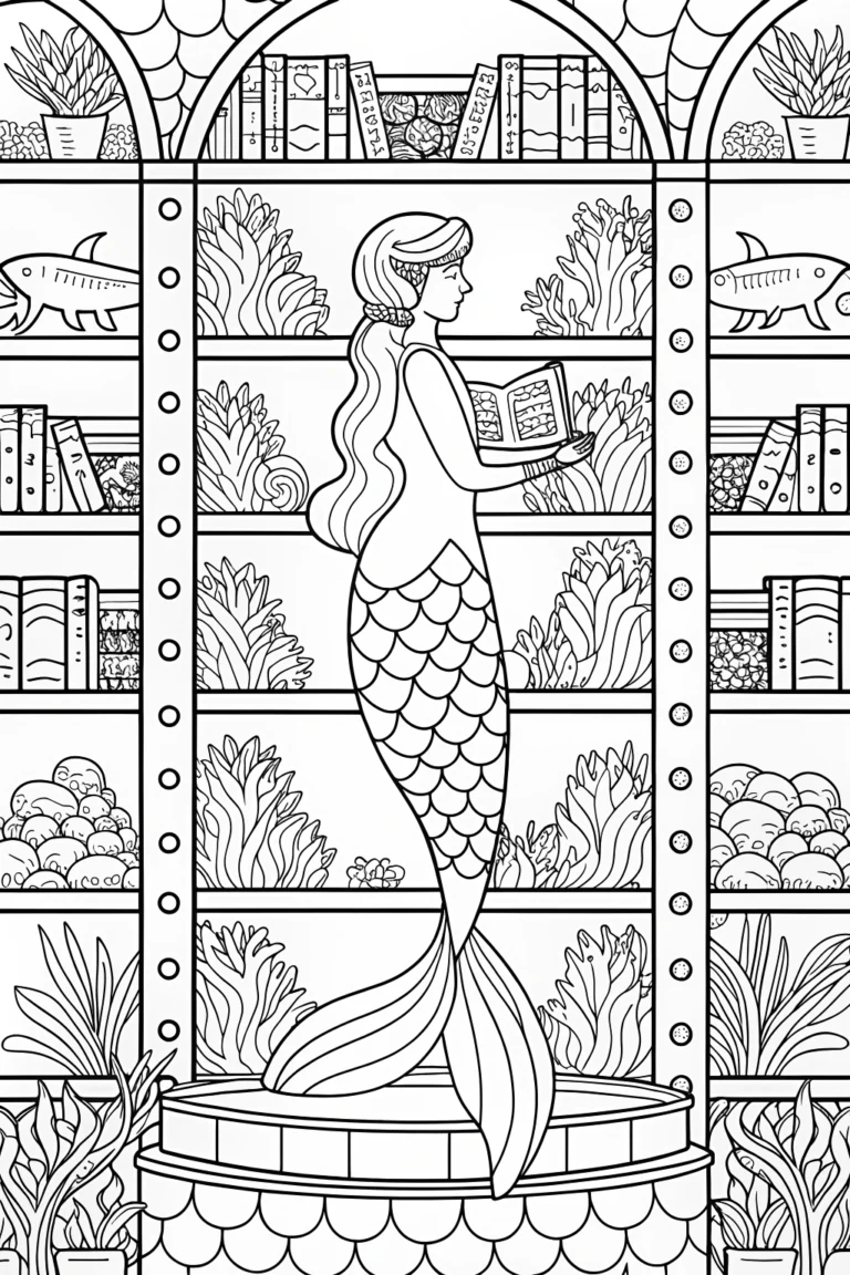 Mermaid librarian in the coral archive Coloring Page - Free & Printable