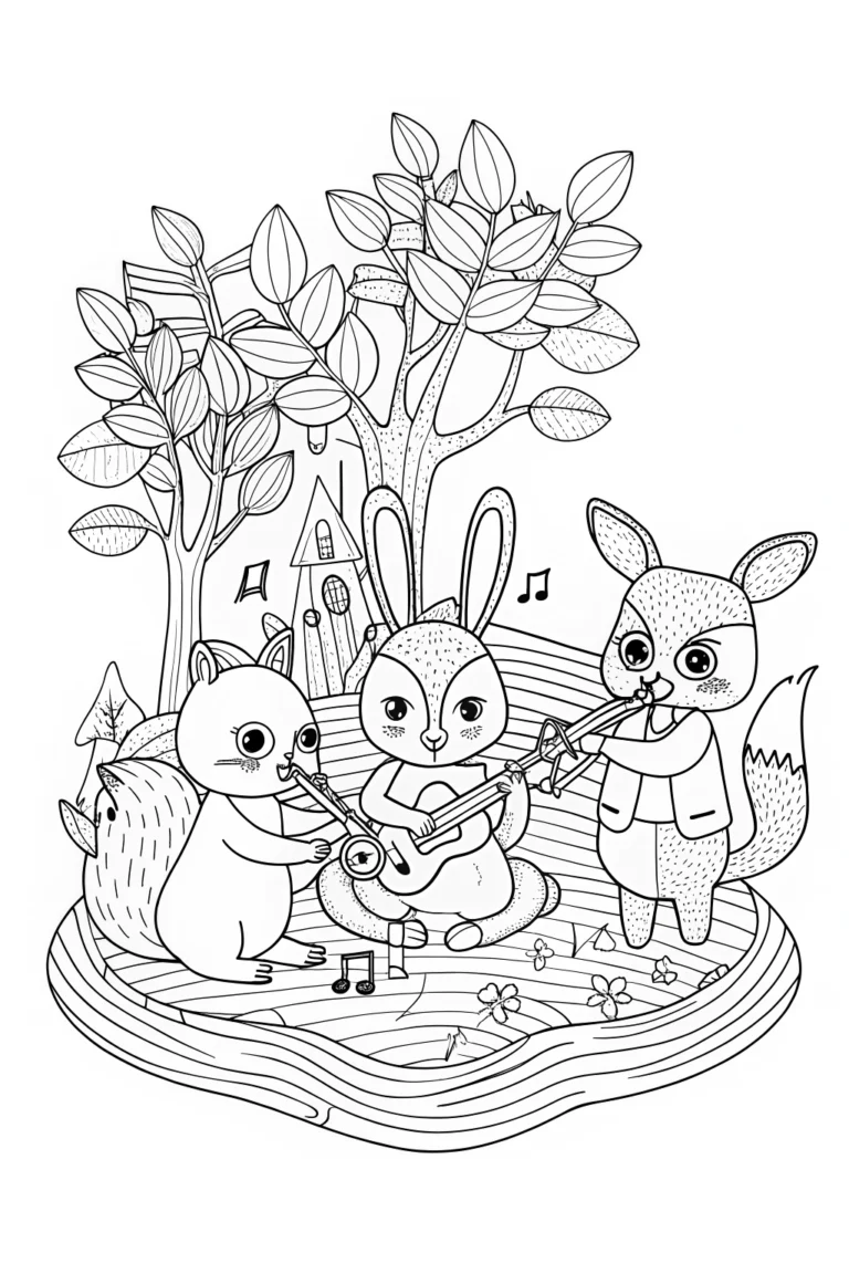 Woodland animals making music Coloring Page - Free & Printable