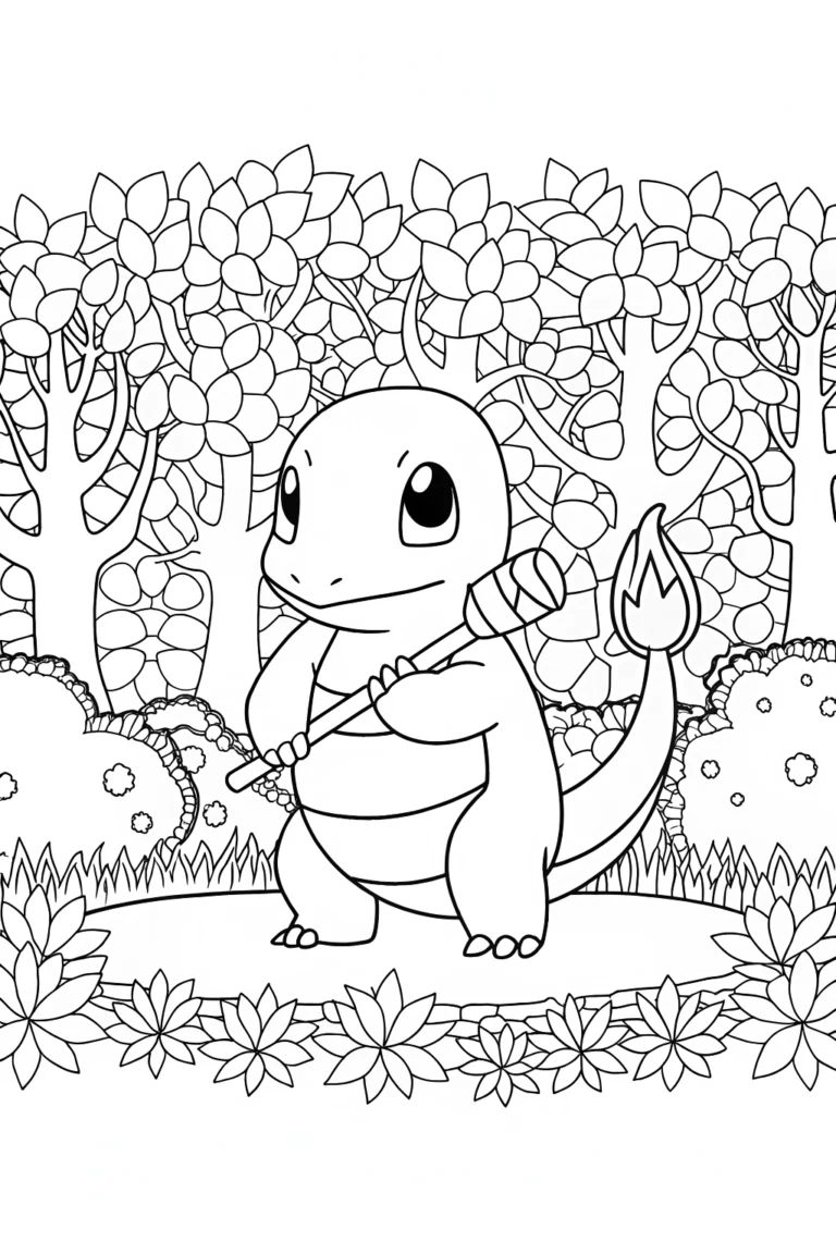 Charmander playing music in the woods Coloring Page - Free & Printable