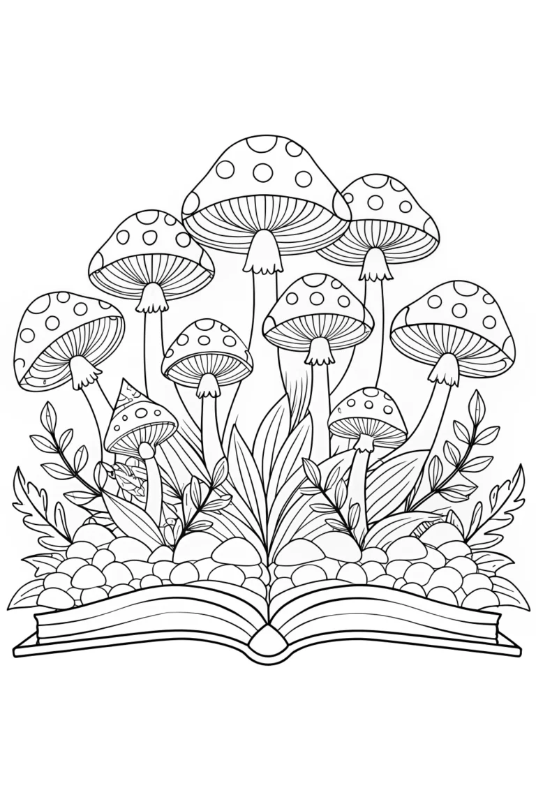 Mushrooms exploring a magical book Coloring Page - Free & Printable
