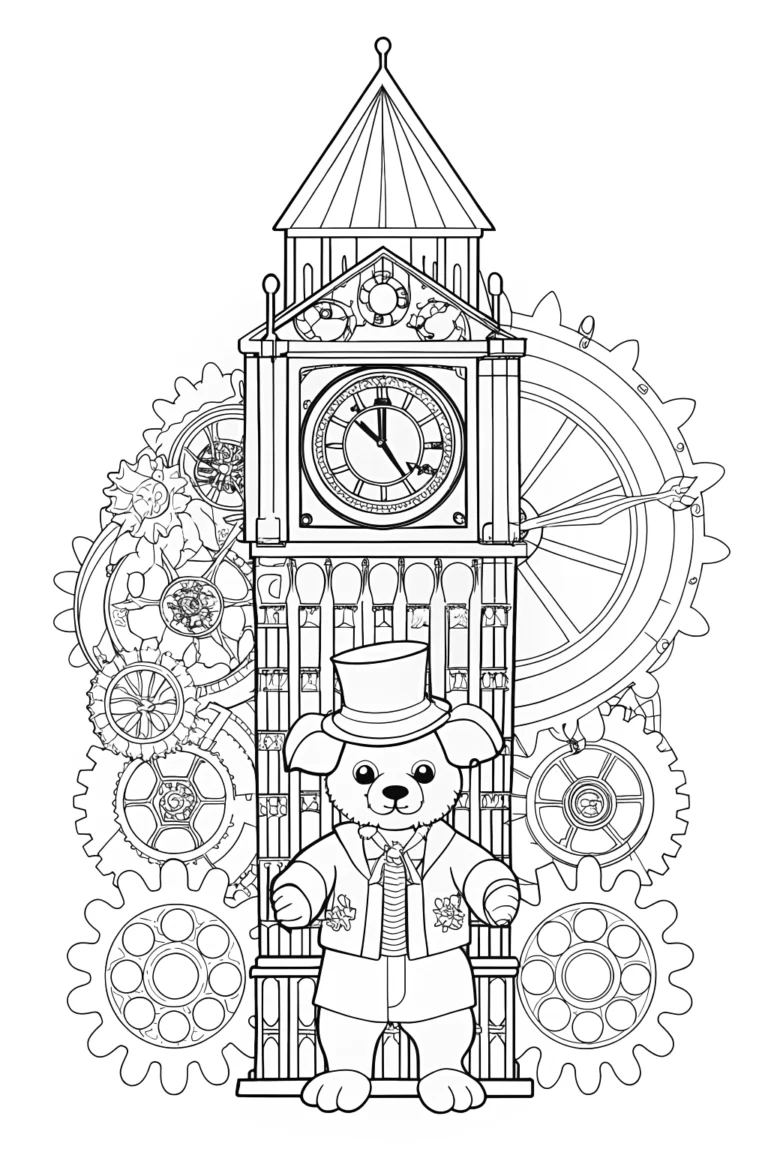 Puppy time traveler at the clock tower Coloring Page - Free & Printable