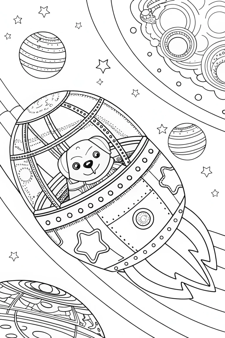 Puppy on a space train adventure Coloring Page - Free & Printable