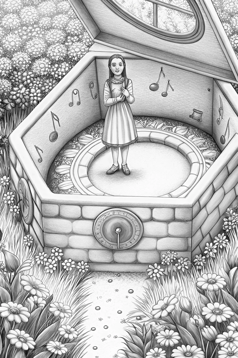Wednesday Addams in a music box garden Coloring Page - Free & Printable