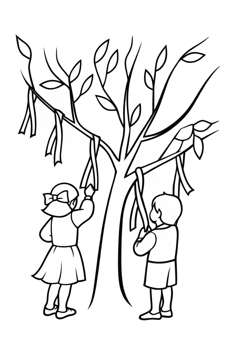 Children hanging wishes on a tree Coloring Page - Free & Printable