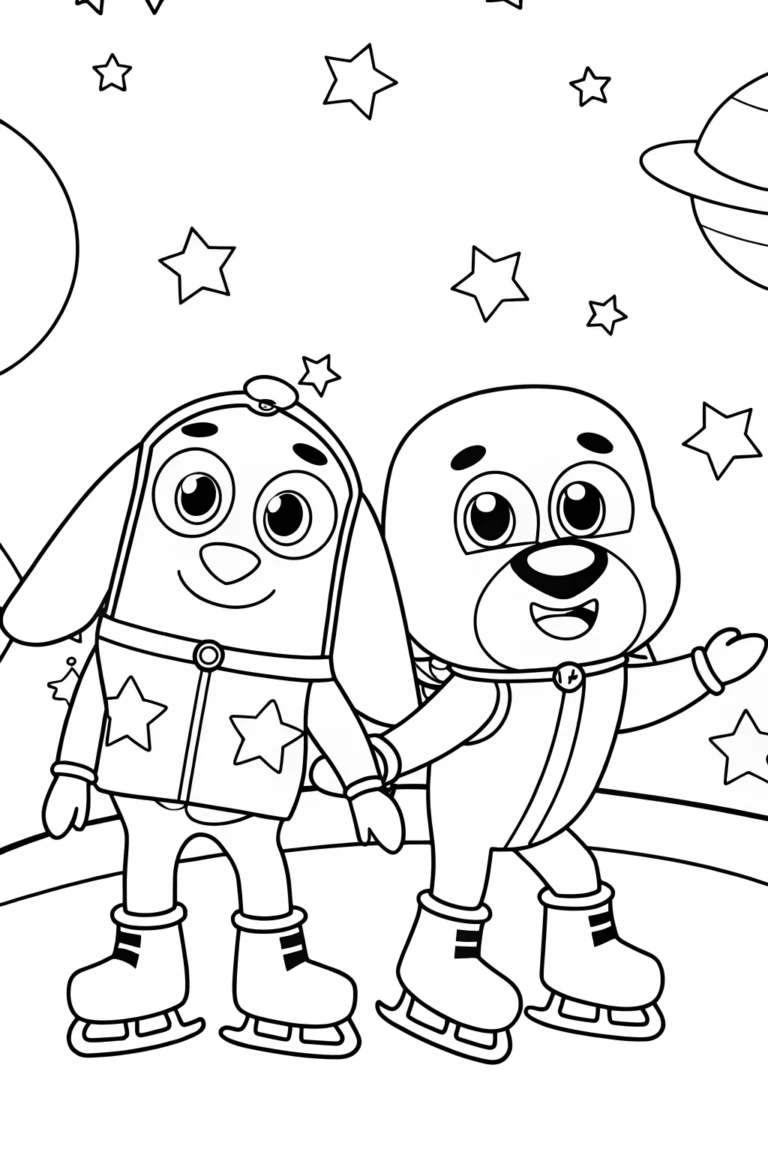 Bluey and Bingo ice skating in space Coloring Page - Free & Printable