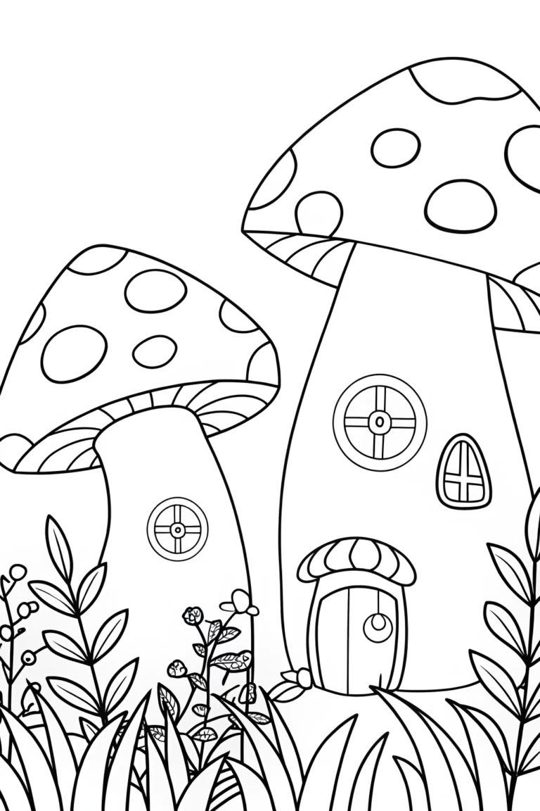 Mushrooms as timekeepers in a garden Coloring Page - Free & Printable