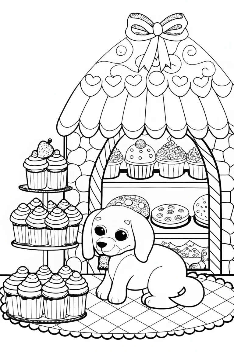 Puppy in a whimsical bakery Coloring Page - Free & Printable