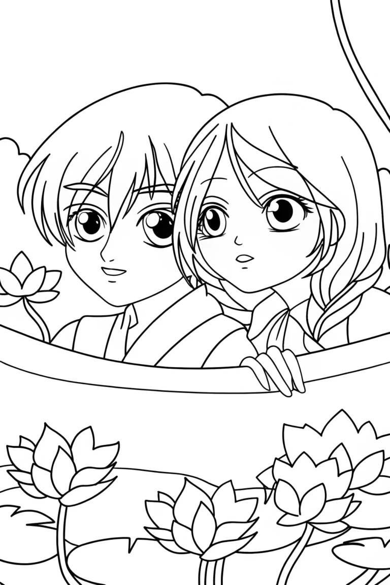 Anime friends in a floating garden Coloring Page - Free & Printable
