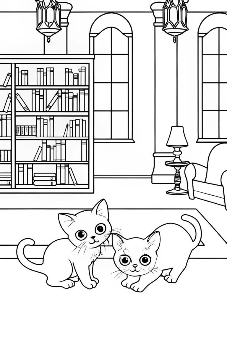 Kittens playing in a magical library Coloring Page - Free & Printable