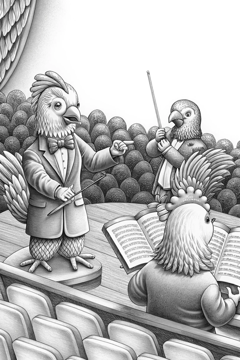 Chickens conducting a symphony Coloring Page - Free & Printable