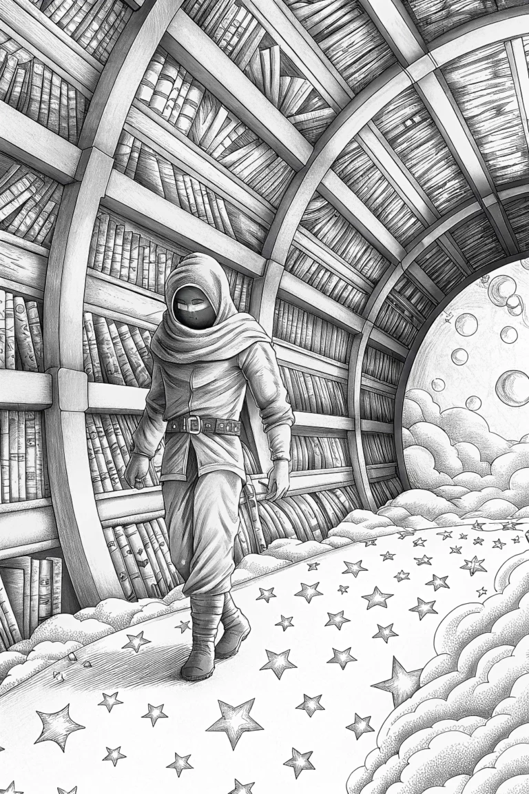 Ninja in the celestial library Coloring Page - Free & Printable