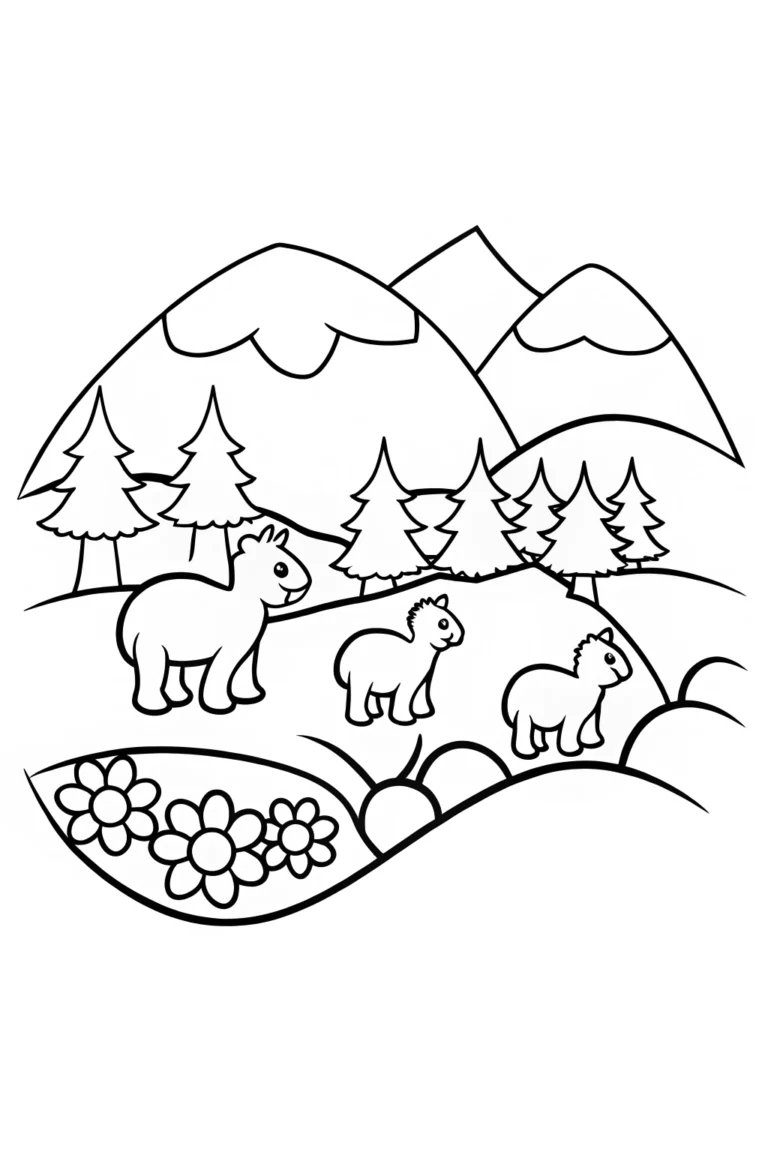 Animals hiking in a colorful landscape Coloring Page - Free & Printable