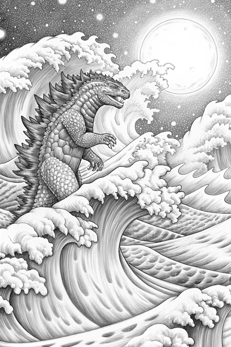 Godzilla surfing under the moon Coloring Page - Free & Printable