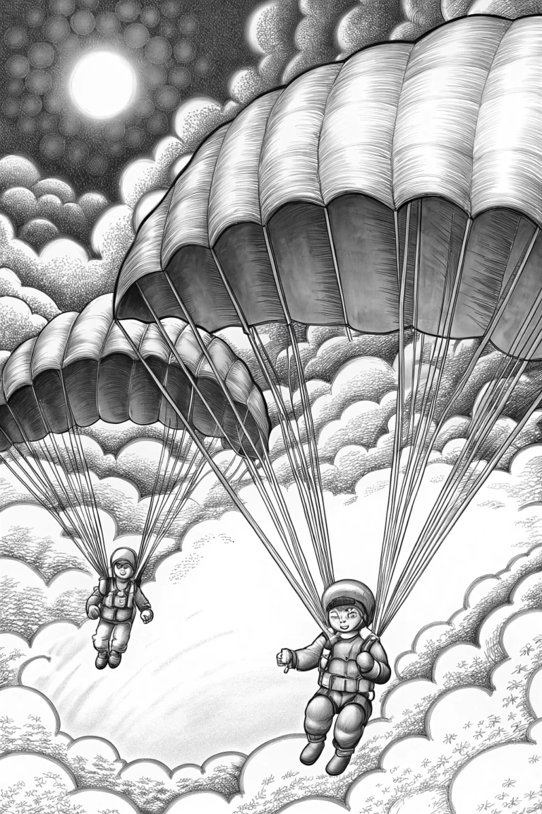 Children skydiving in summer sky Coloring Page - Free & Printable