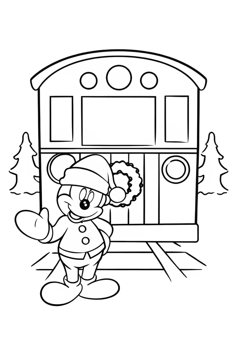 Mickey Mouse at Christmas Train Station Coloring Page - Free & Printable