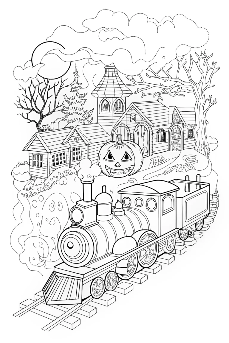 Halloween time-traveling train adventure Coloring Page - Free & Printable
