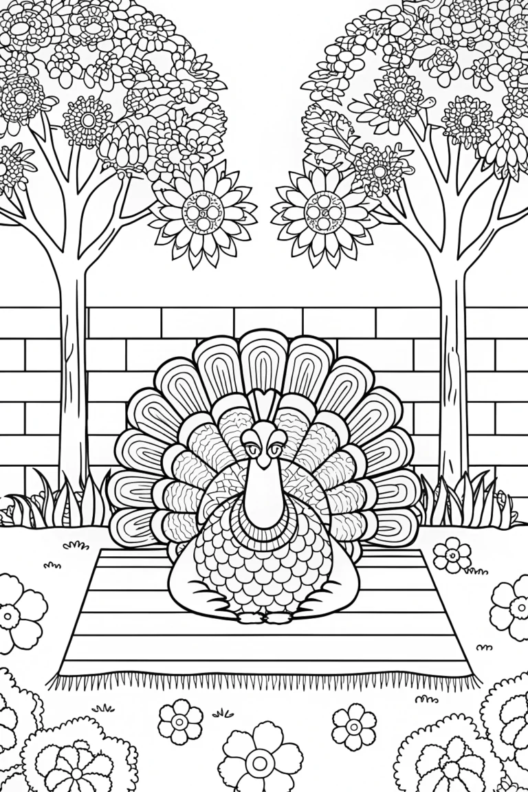 Turkey meditating in a garden Coloring Page - Free & Printable