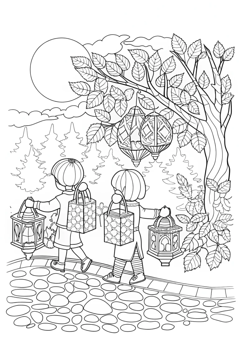 Children's autumn lantern parade Coloring Page - Free & Printable