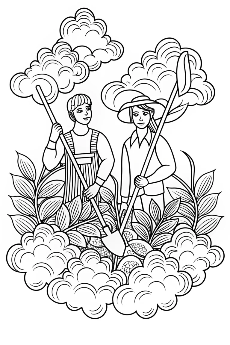 Steve and Alex gardening in clouds Coloring Page - Free & Printable