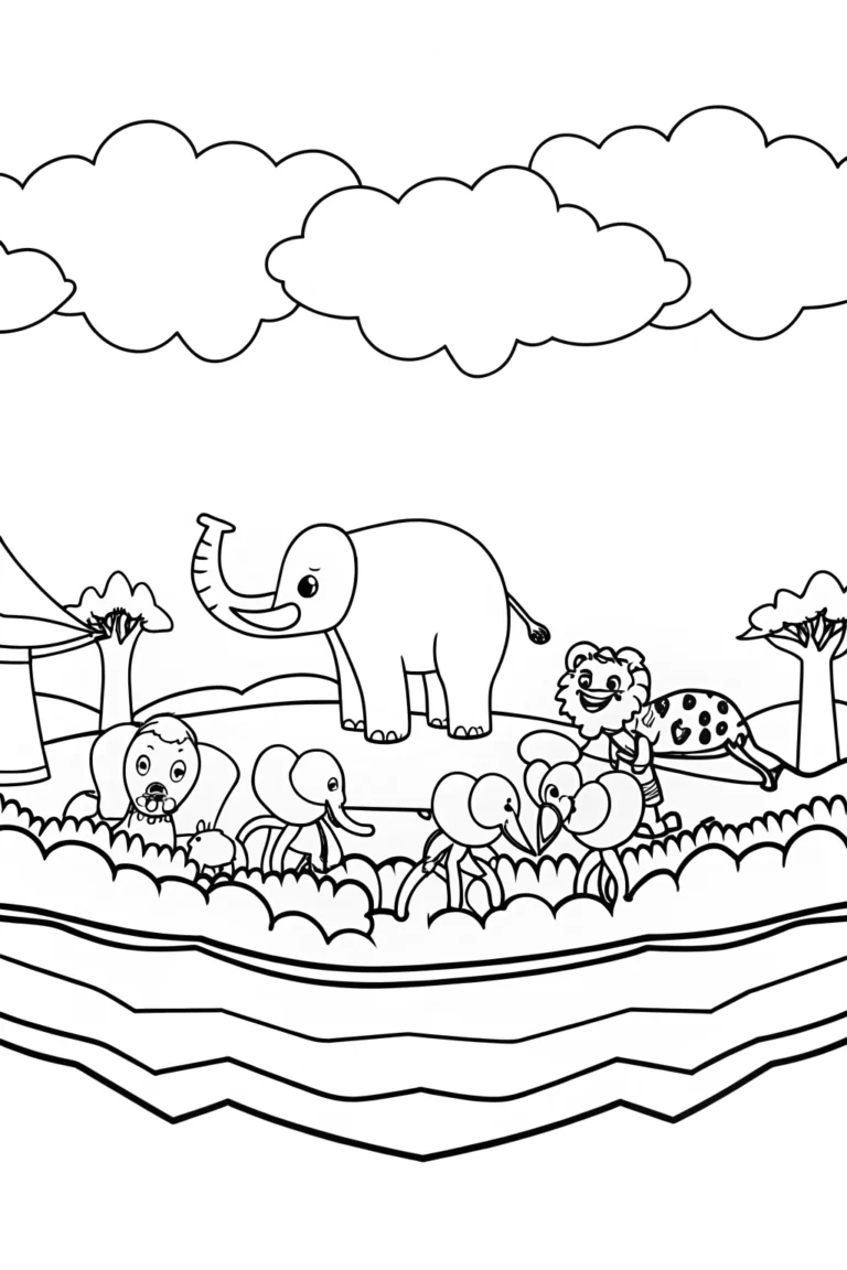 Animal parade on a floating island Coloring Page - Free & Printable