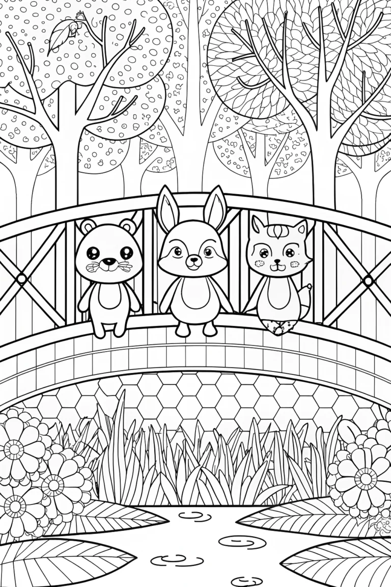 Woodland friends on a bridge Coloring Page - Free & Printable