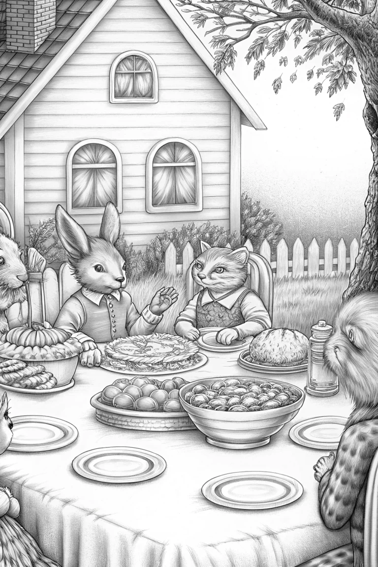 Animals having a Thanksgiving feast Coloring Page - Free & Printable