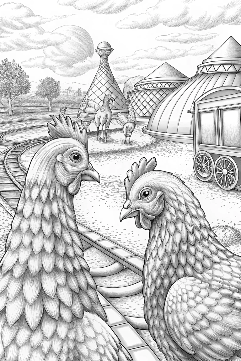 Chickens leading a time travel tour Coloring Page - Free & Printable